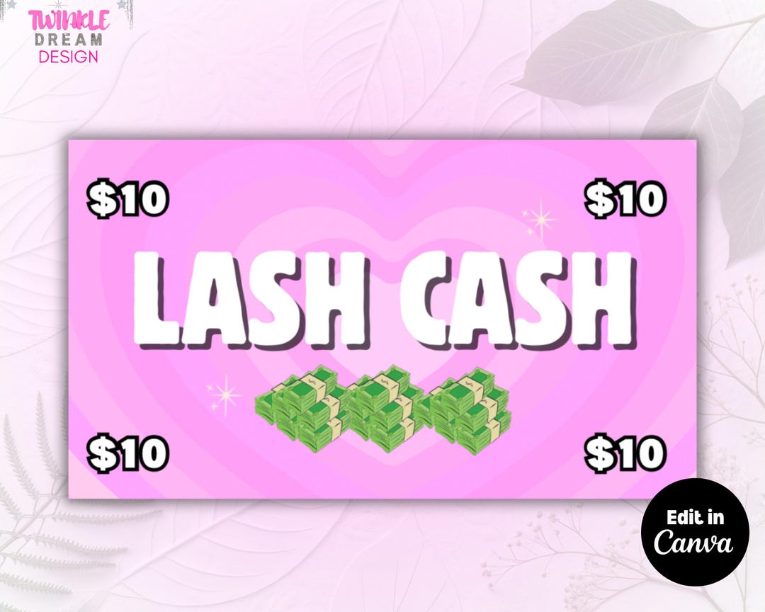 Lash Cash Card Template | Client Reward Card | Lash Cash Voucher | Pink ...