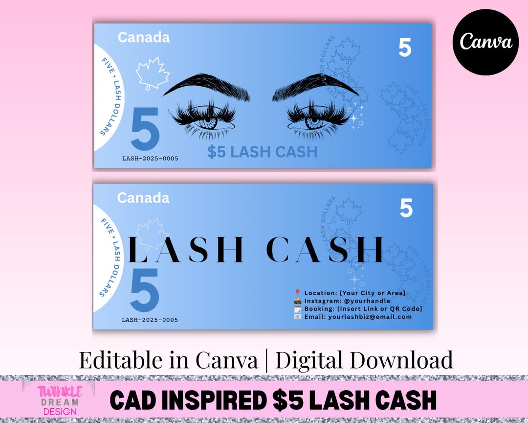 5 Dollar Lash Cash Canva Template | Editable Lash Voucher for Clients ...
