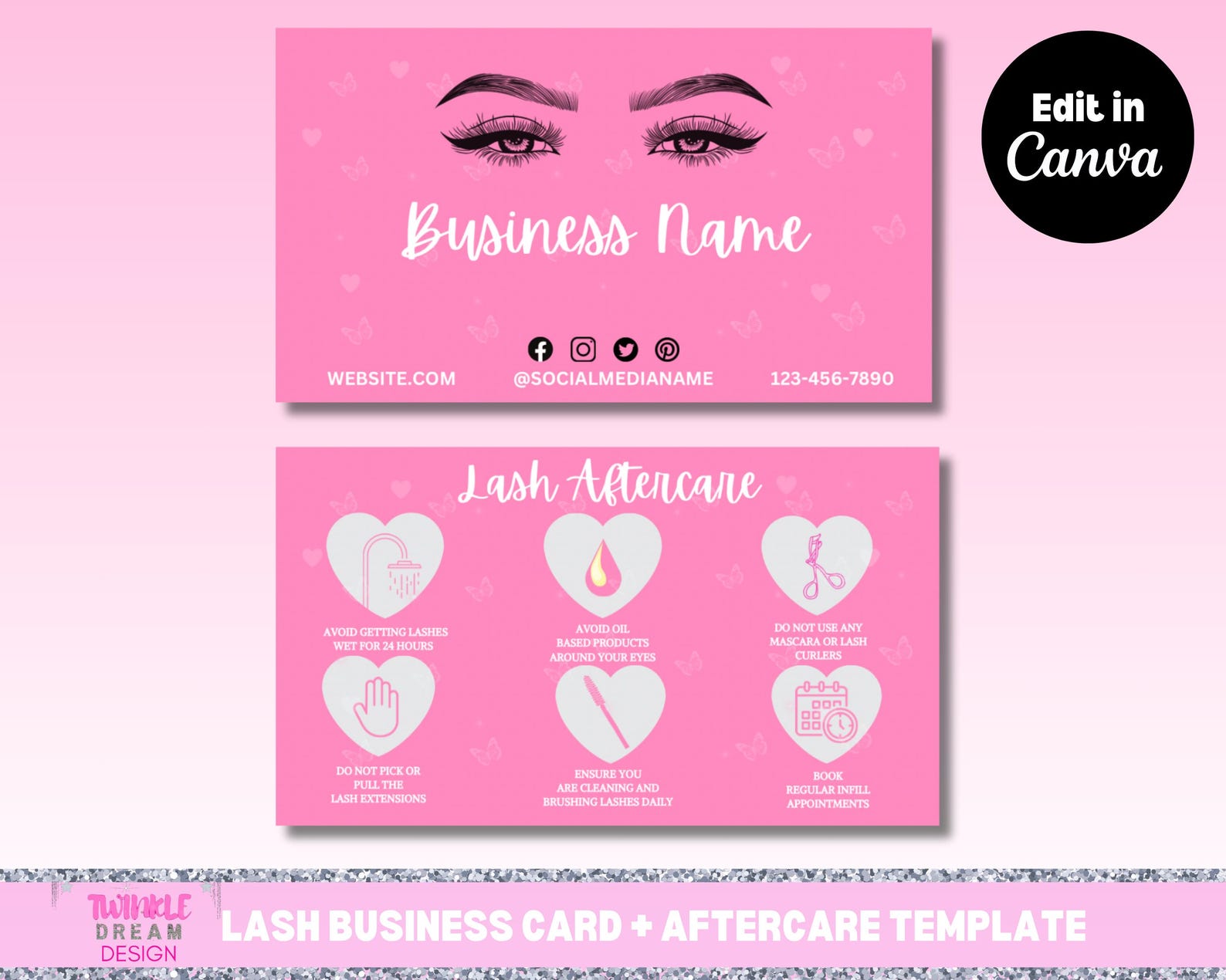 Lash Business Card + Aftercare Template | Pink Lash Business Card With ...