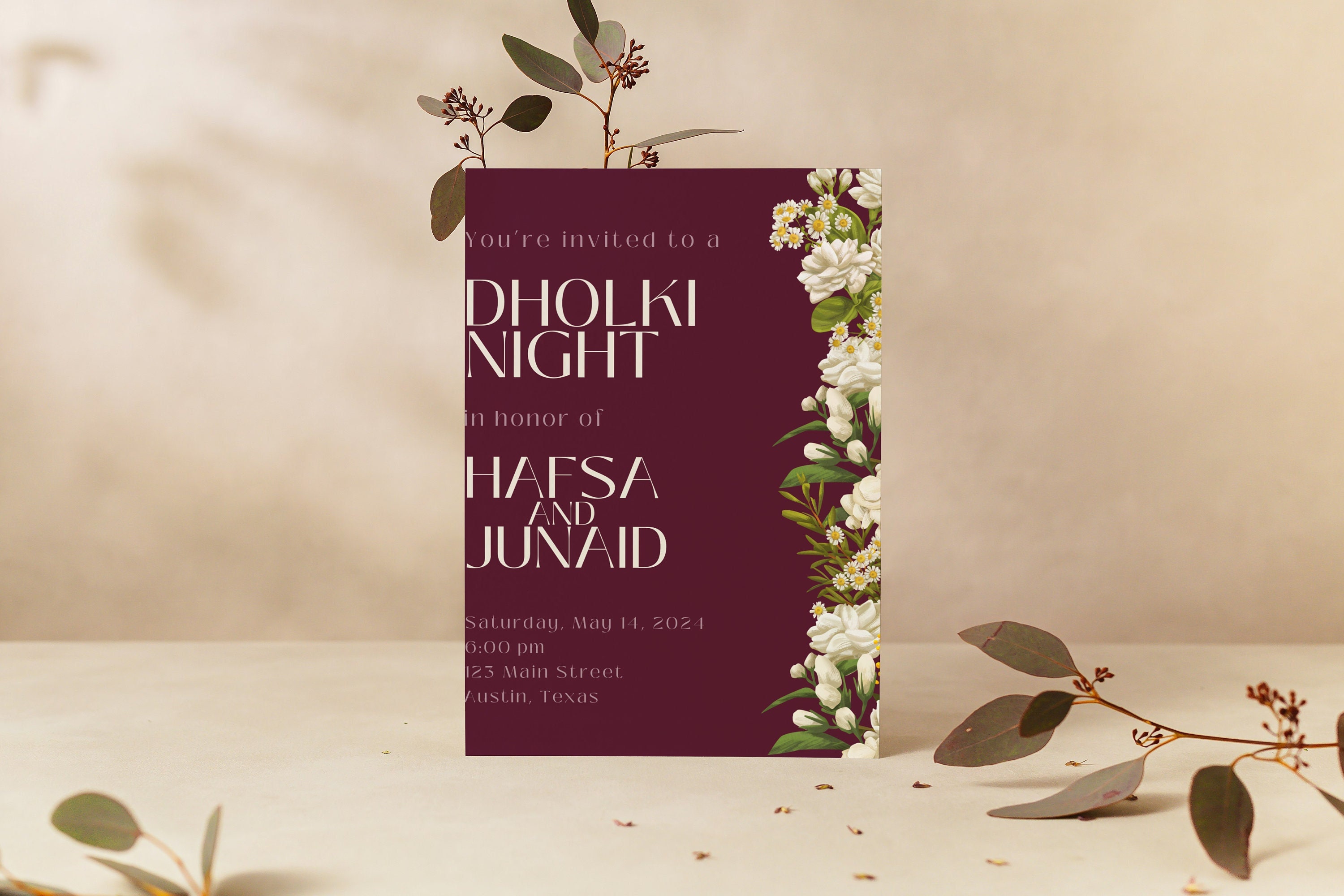 Modern Dholki Invitation Template | Editable Canva Template | Burgundy ...
