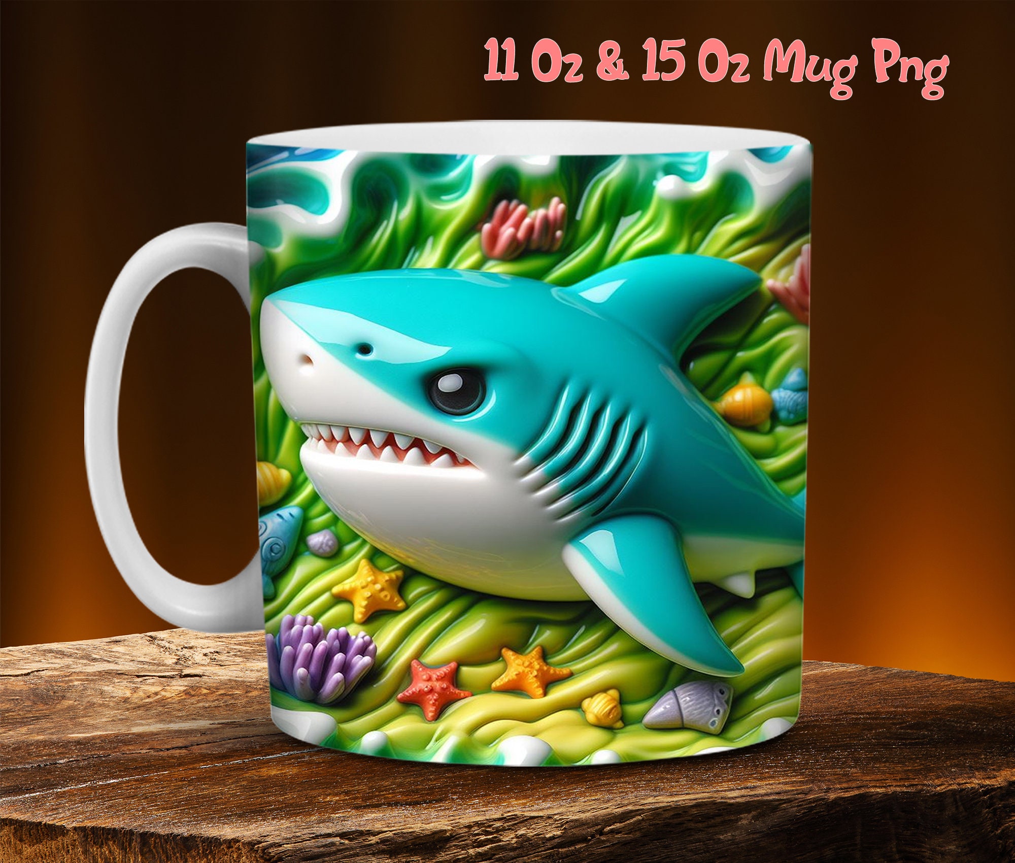 3D Cute Shark Mug Wrap Png, 11 Oz and 15 Oz Mug Template, Mug ...
