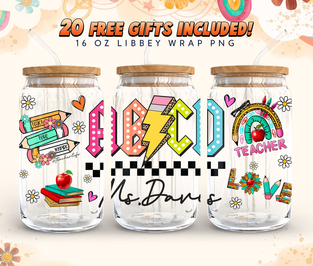 ABCD Teacher Custom Name 16oz Glass Can Png, Personalized Teacher 16oz ...