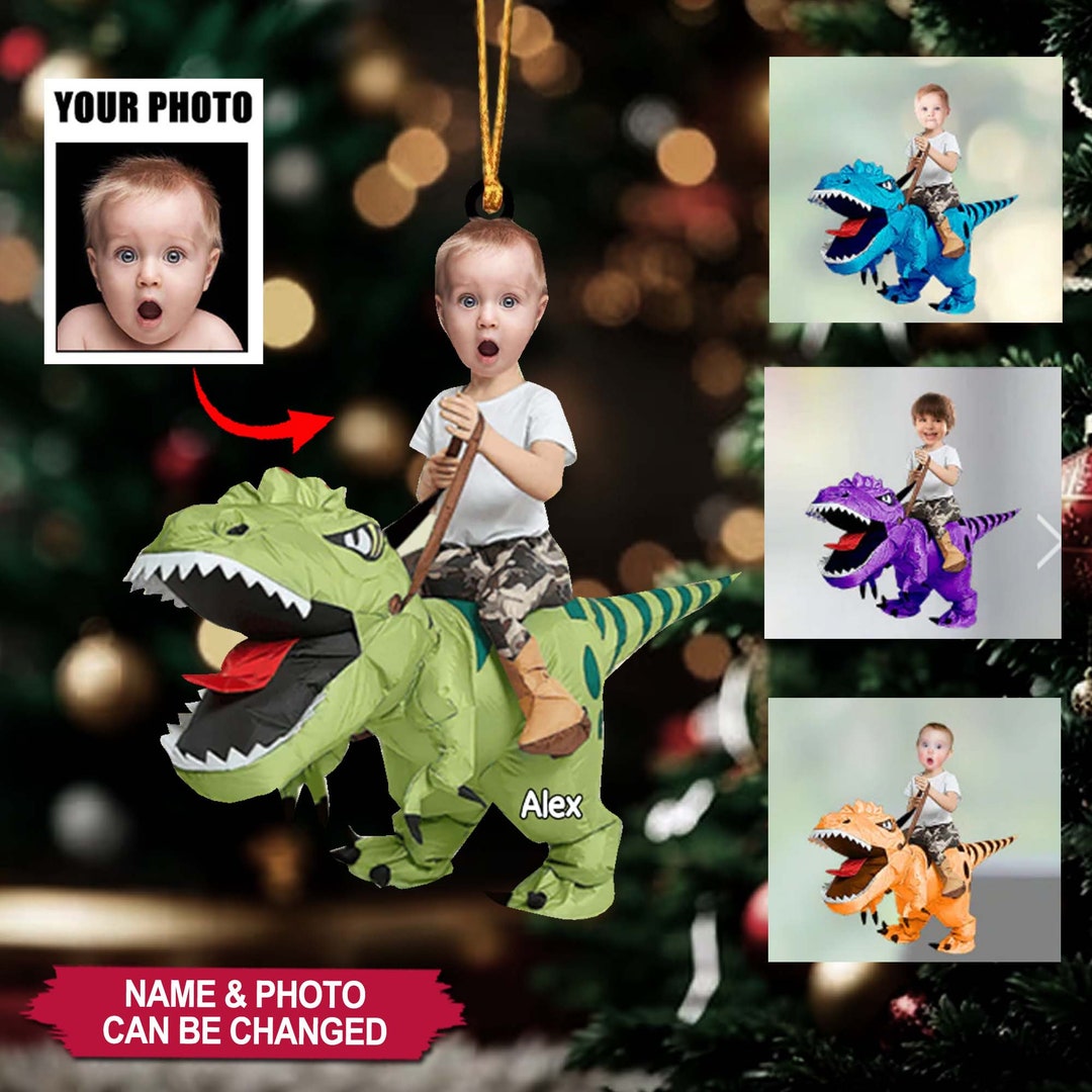 Personalized Kid Rides Dinosaurus Ornament, Custom Cute Kid's Photo ...
