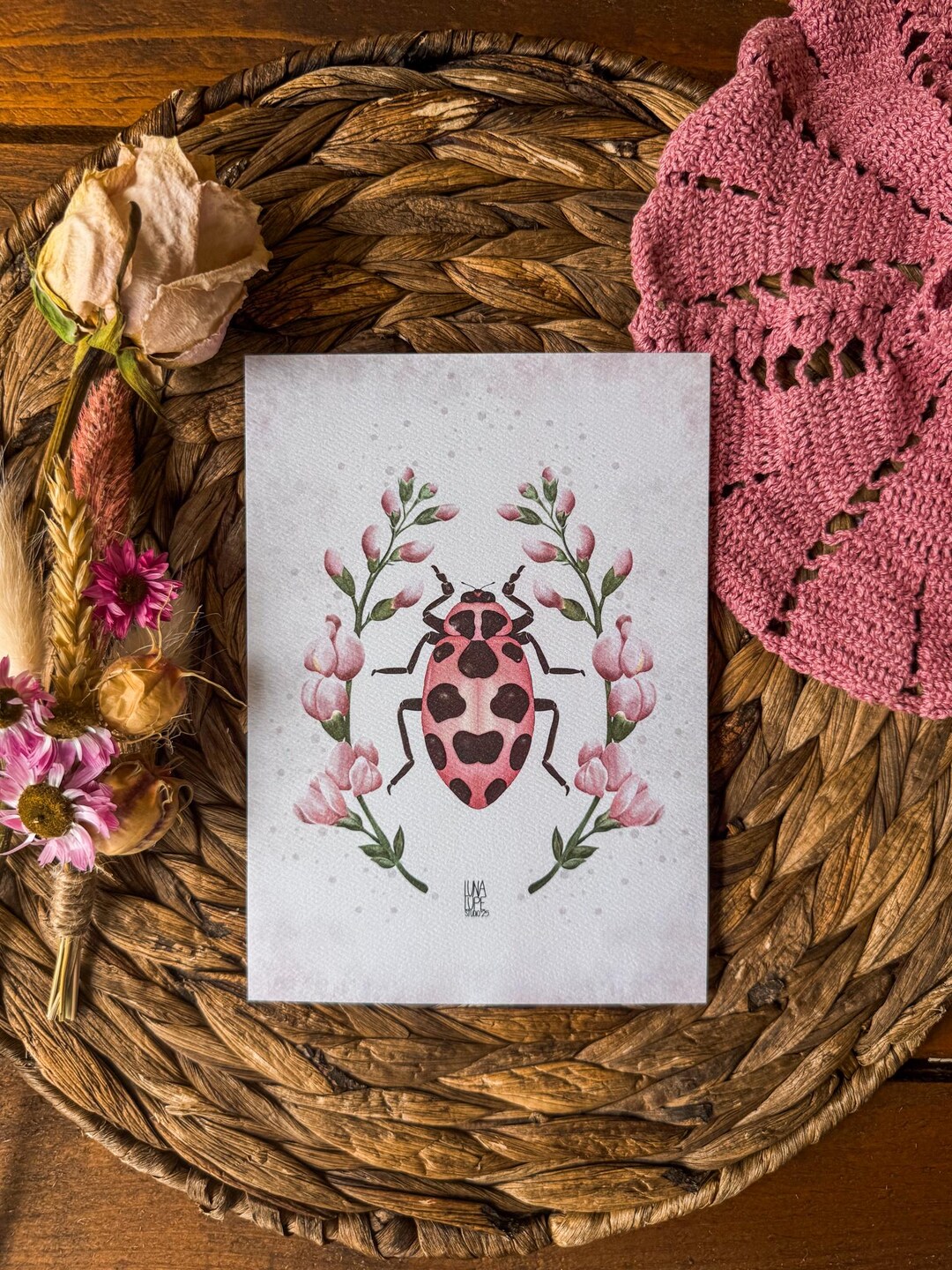 Pink Beetle and Pink Flowers Art Print – Insect and Botanical ...