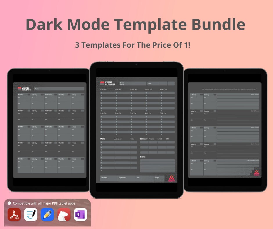 Dark Mode Template Bundle, Ultimate Template Bundle, Event Planner, Digital Planner, Monthly ...