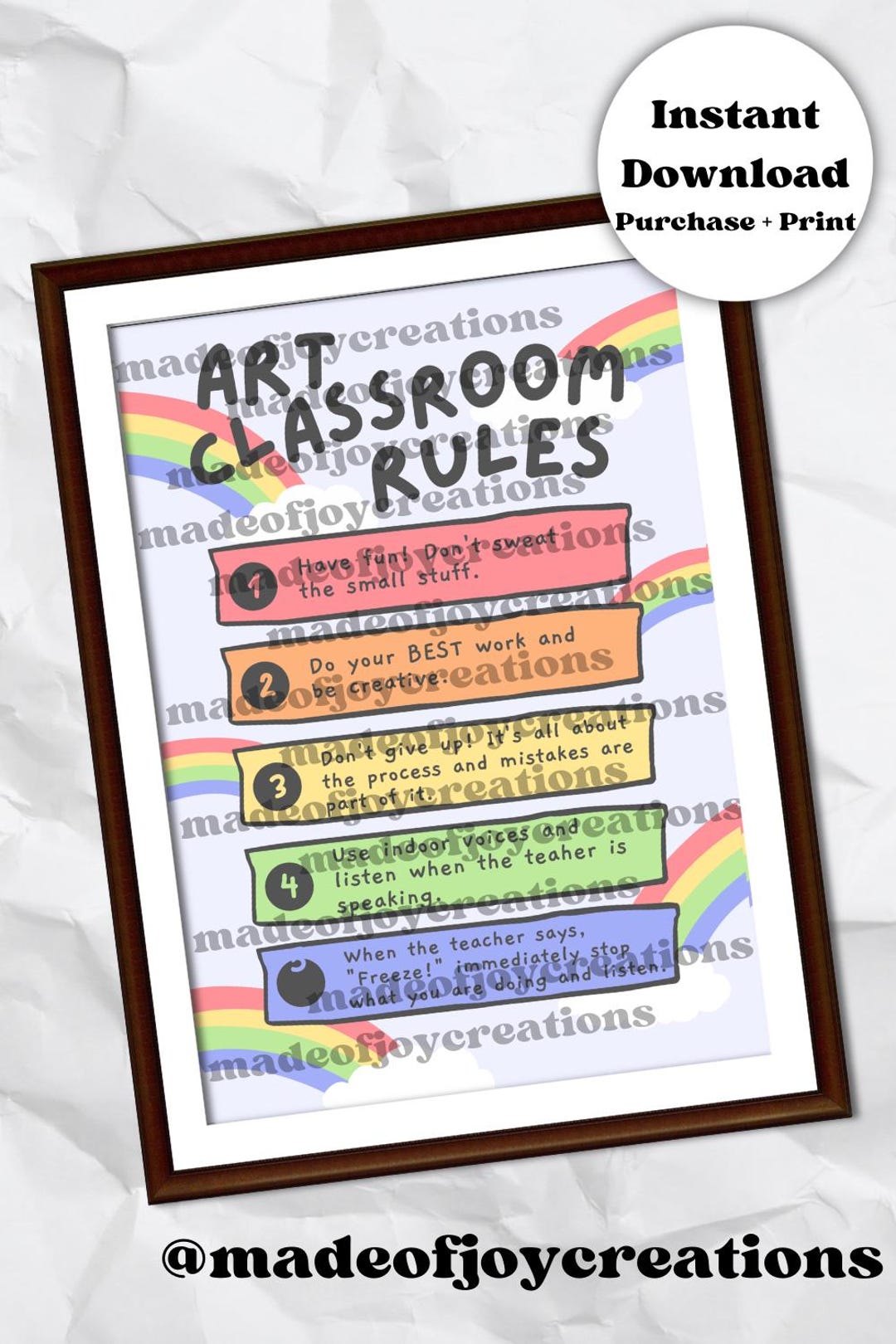 Art Classroom Rules Poster, Colorful Boho Rainbow, Printable (digital ...