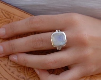 Moonstone Rectangular Sterling Silver 925 Handmade Gemstone Statement Everyday Hippie bohemian ...