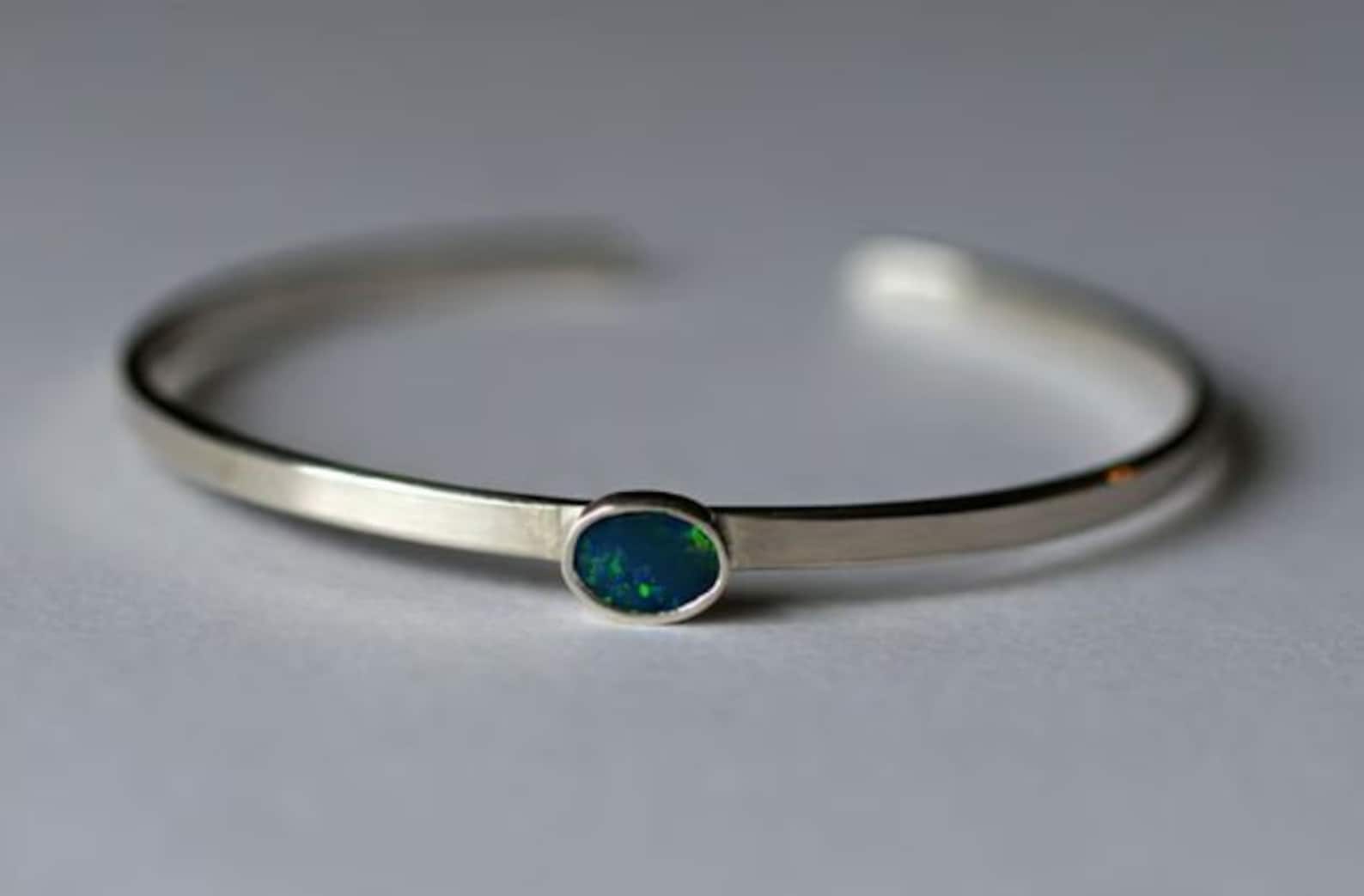 Opal Cuff Bracelet, Sterling Silver Gemstone Open Bangle Bracelets ...