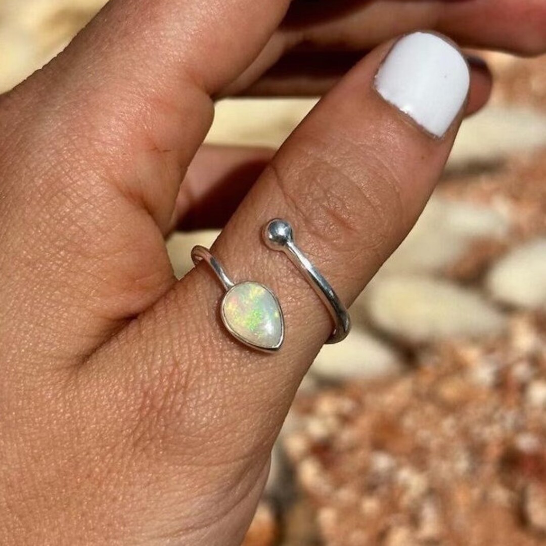 White Opal Ring, 925 Silver Ring, Adjustable Ring, Snake Ring, Dainty ...