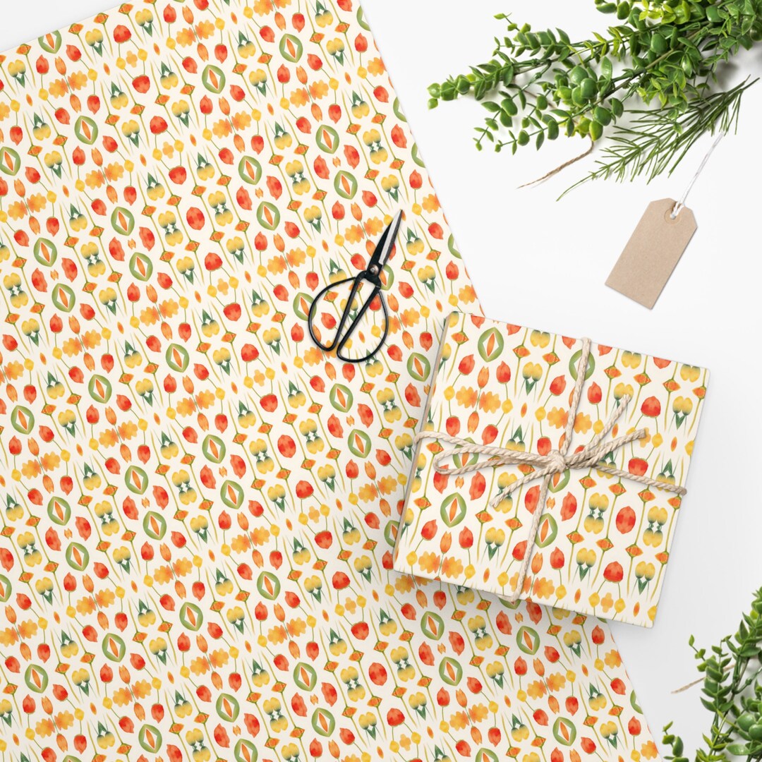 Festive and Bright Print Wrapping Paper, Orange and Green, Original ...