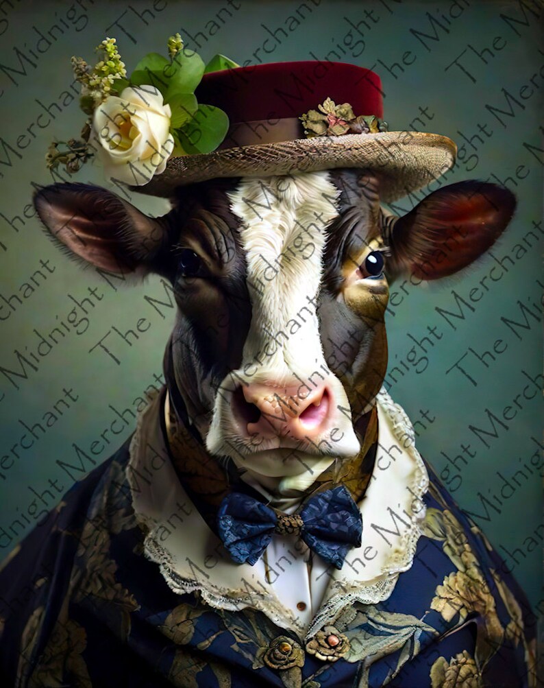 Vintage Animal Portrait - Cow in Suit, Farmhouse Decor, Fancy Animal ...