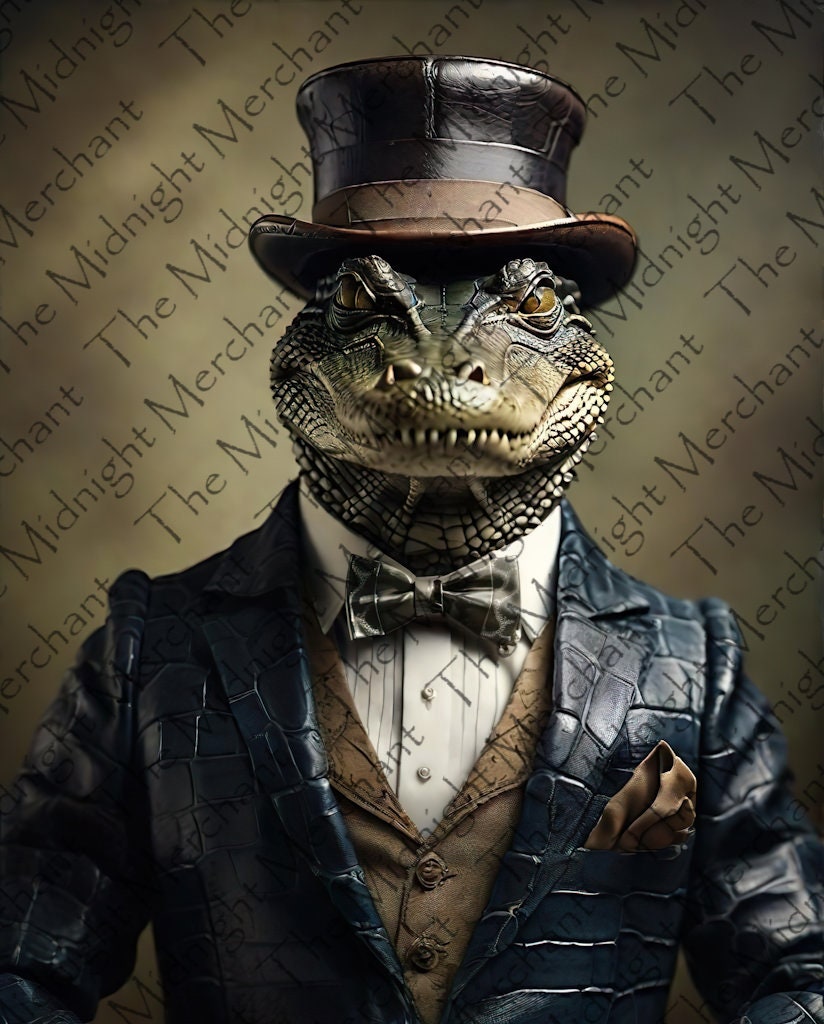 Vintage Animal Portrait Elegant Gator Dressed in Fancy Clothing ...