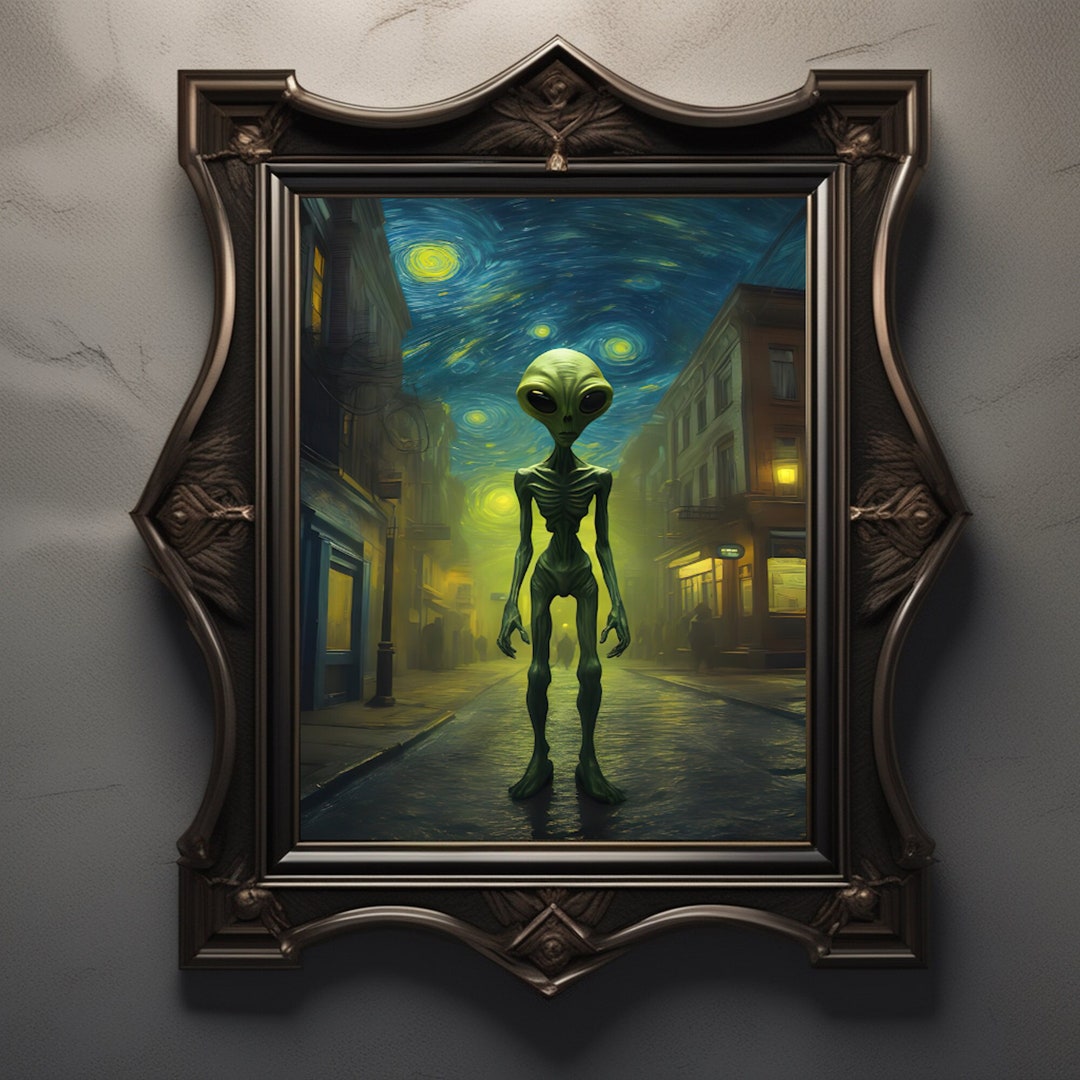 Van Gogh Style Alien Art Oil Print - Surreal Sci-fi Decor | Starry ...