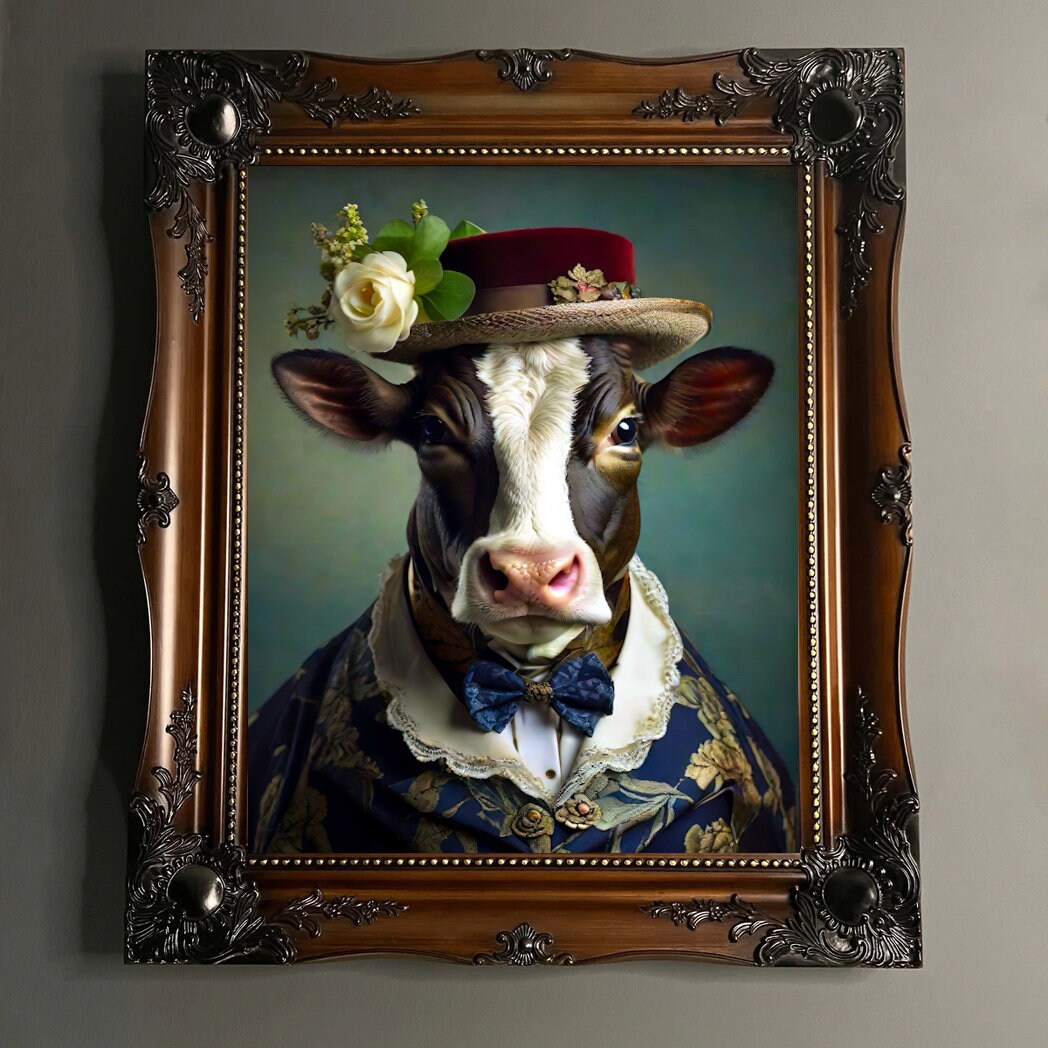 Vintage Animal Portrait - Cow in Suit, Farmhouse Decor, Fancy Animal ...