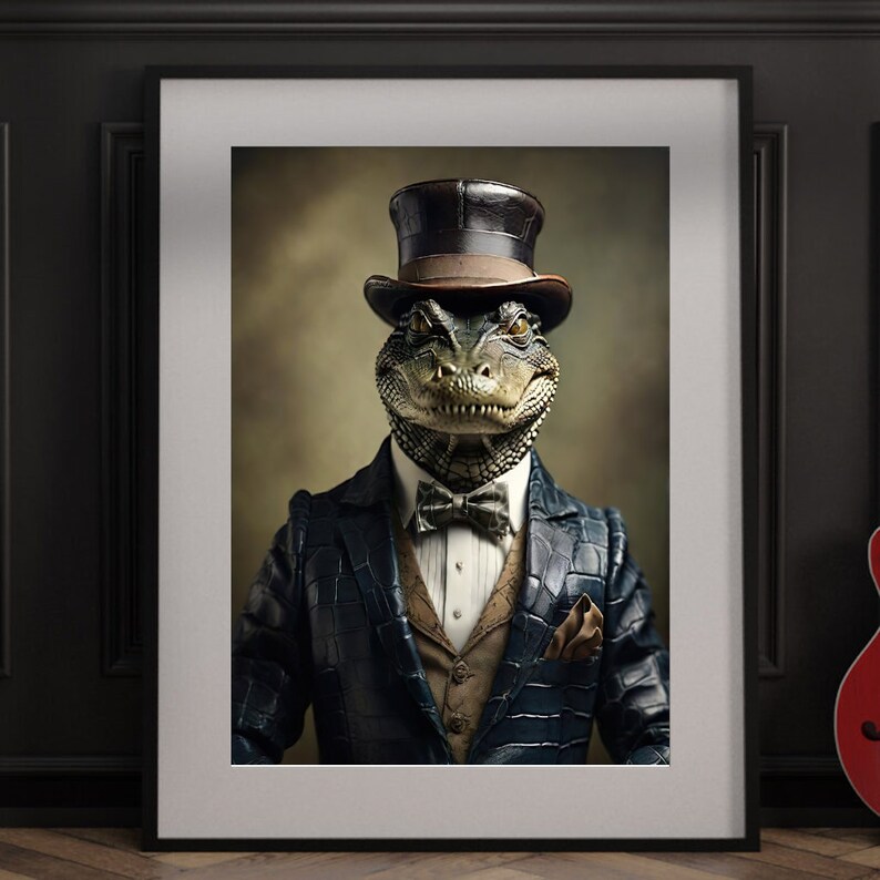 Vintage Animal Portrait Elegant Gator Dressed in Fancy Clothing ...
