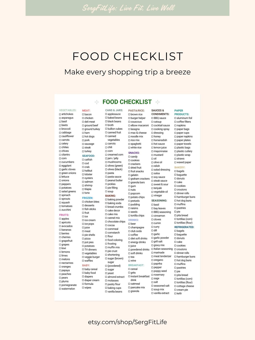 Food Shopping List Template PDF & PNG Printable and Digital Grocery ...