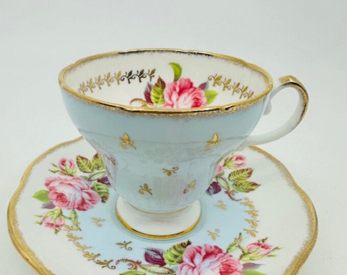 EB Foley Blue With Six Pink Cabbage Rose's Teacup and Saucer (4023) - Etsy