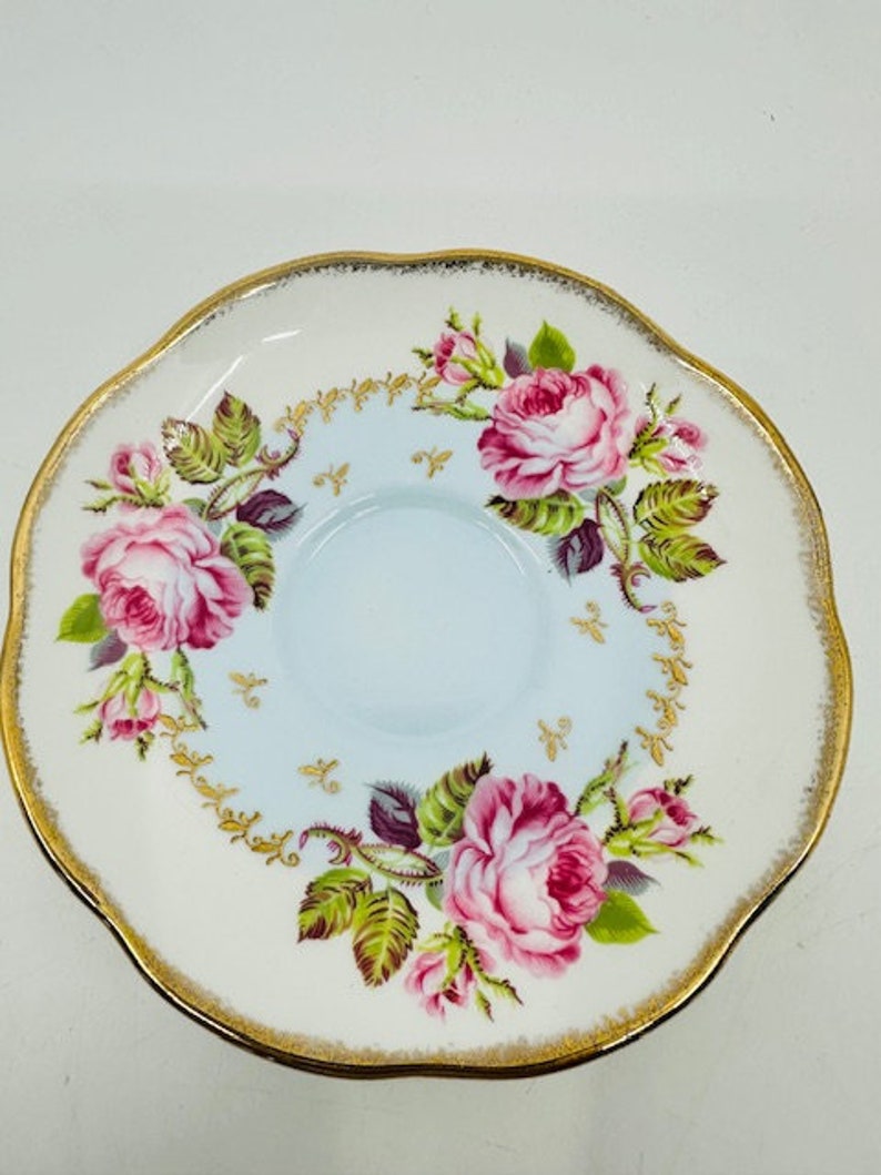 EB Foley Blue With Six Pink Cabbage Rose's Teacup and Saucer 4023 - Etsy