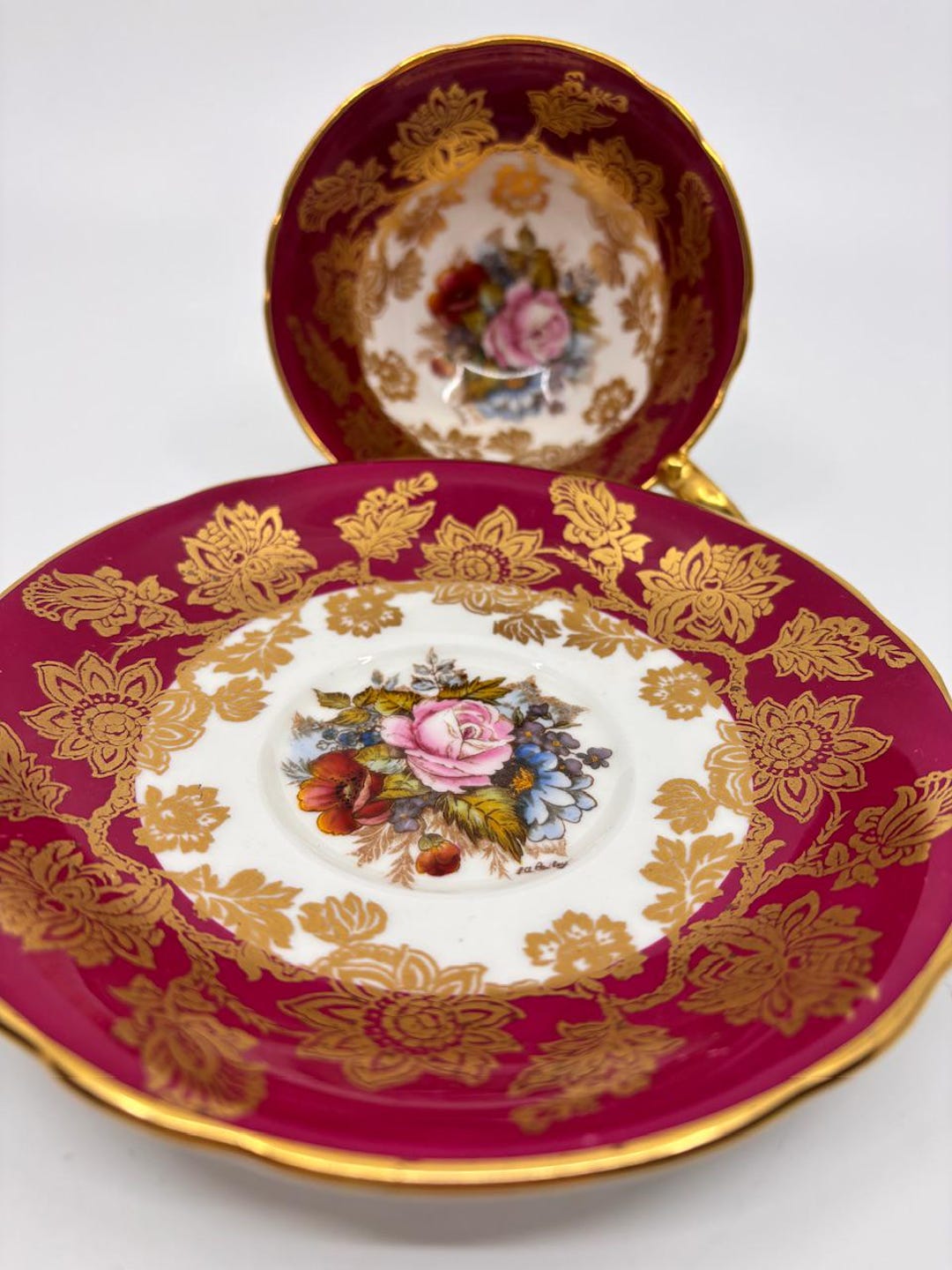 Rare Aynsley Artist JA Bailey Signed Red Gold and Floral Bouquet Teacup ...