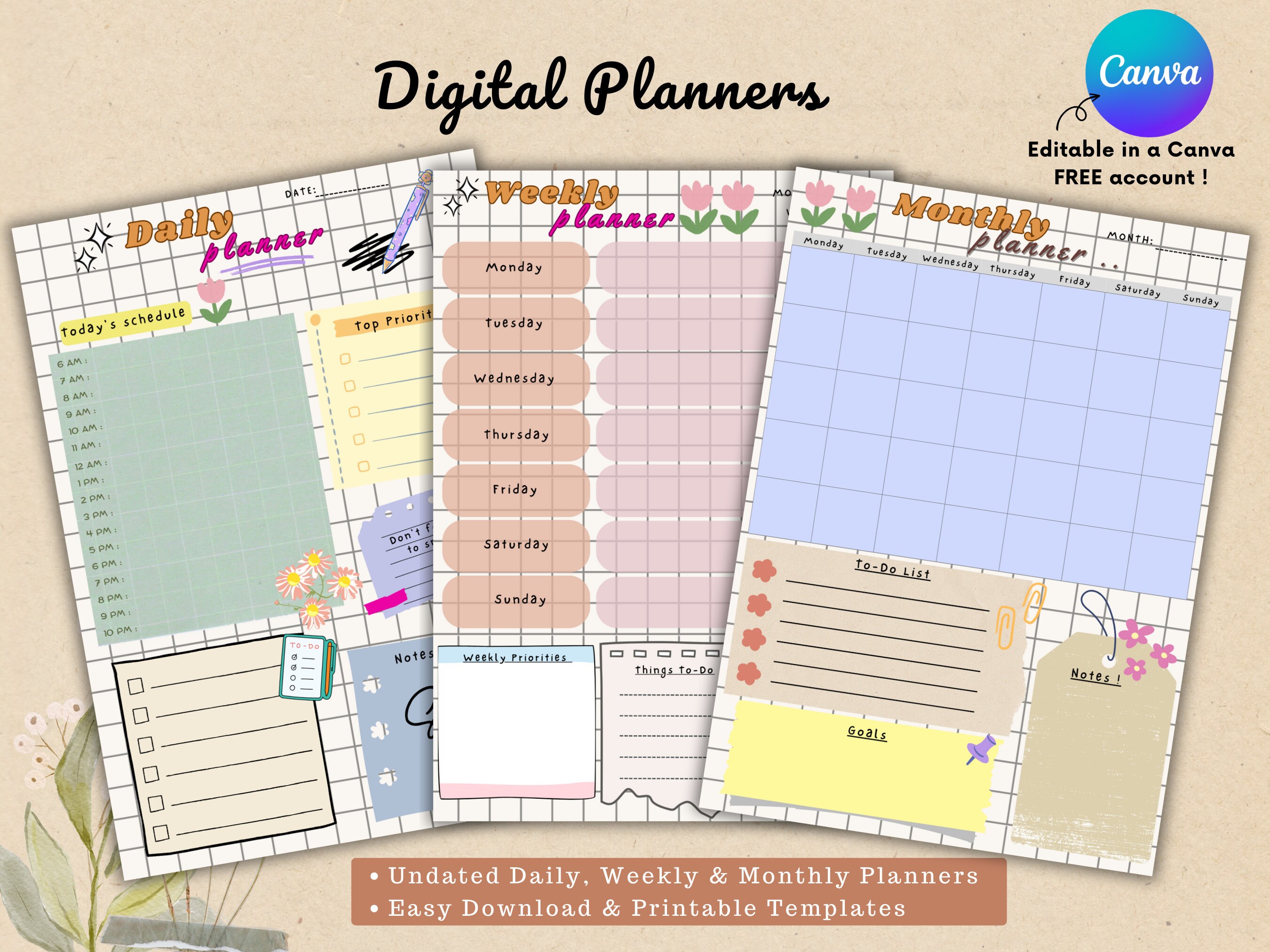 Canva Digital Planner Template, Daily Planner, Weekly Planner, Monthly ...