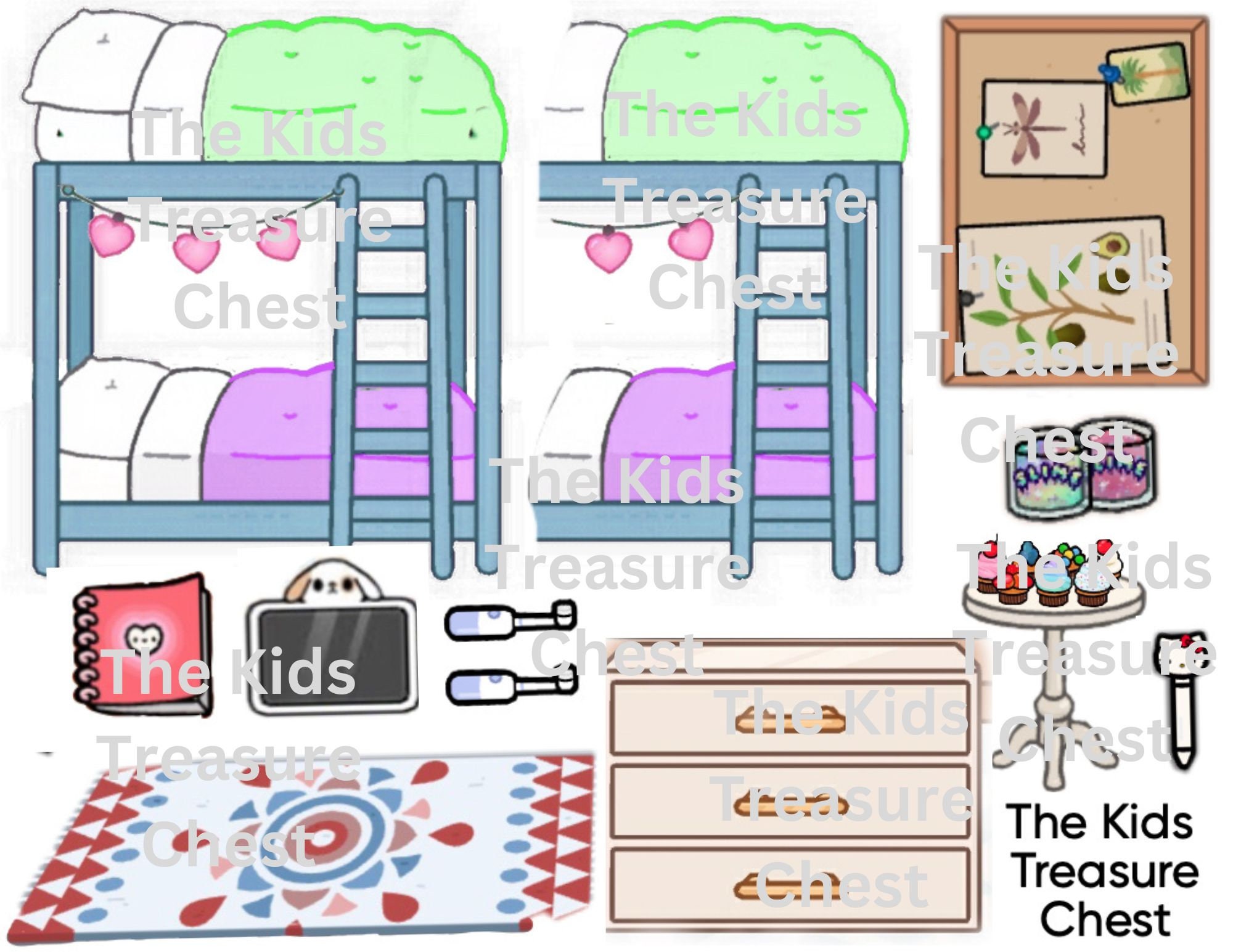 Inspirowany Toca Boca 3 strony papieru "SLEEPOVER 1" lalki, meble, tło ...