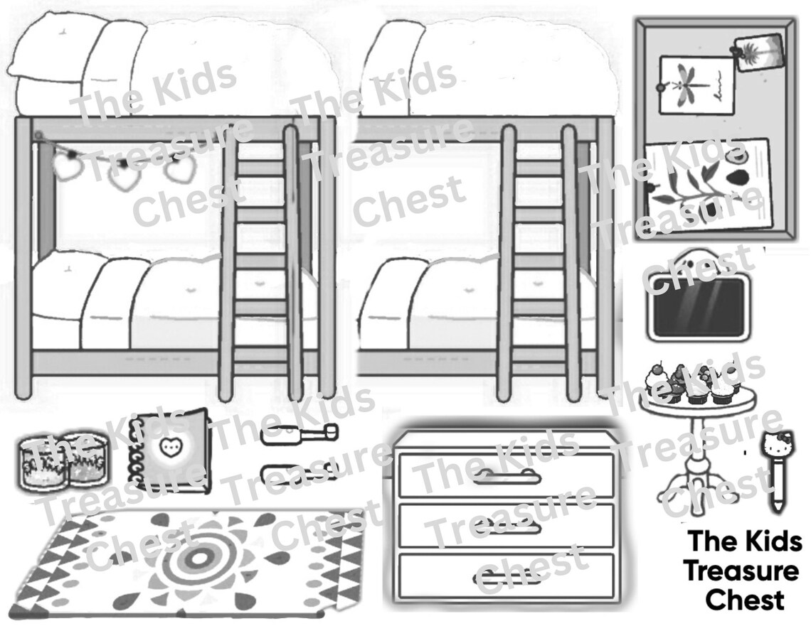 Toca Boca UNCOLORED 3 Pages Paper SLEEPOVER 1 B&W Dolls, Furniture ... Toca Boca UNCOLORED 3 Pages Paper SLEEPOVER 1 B&W Dolls, Furniture ...