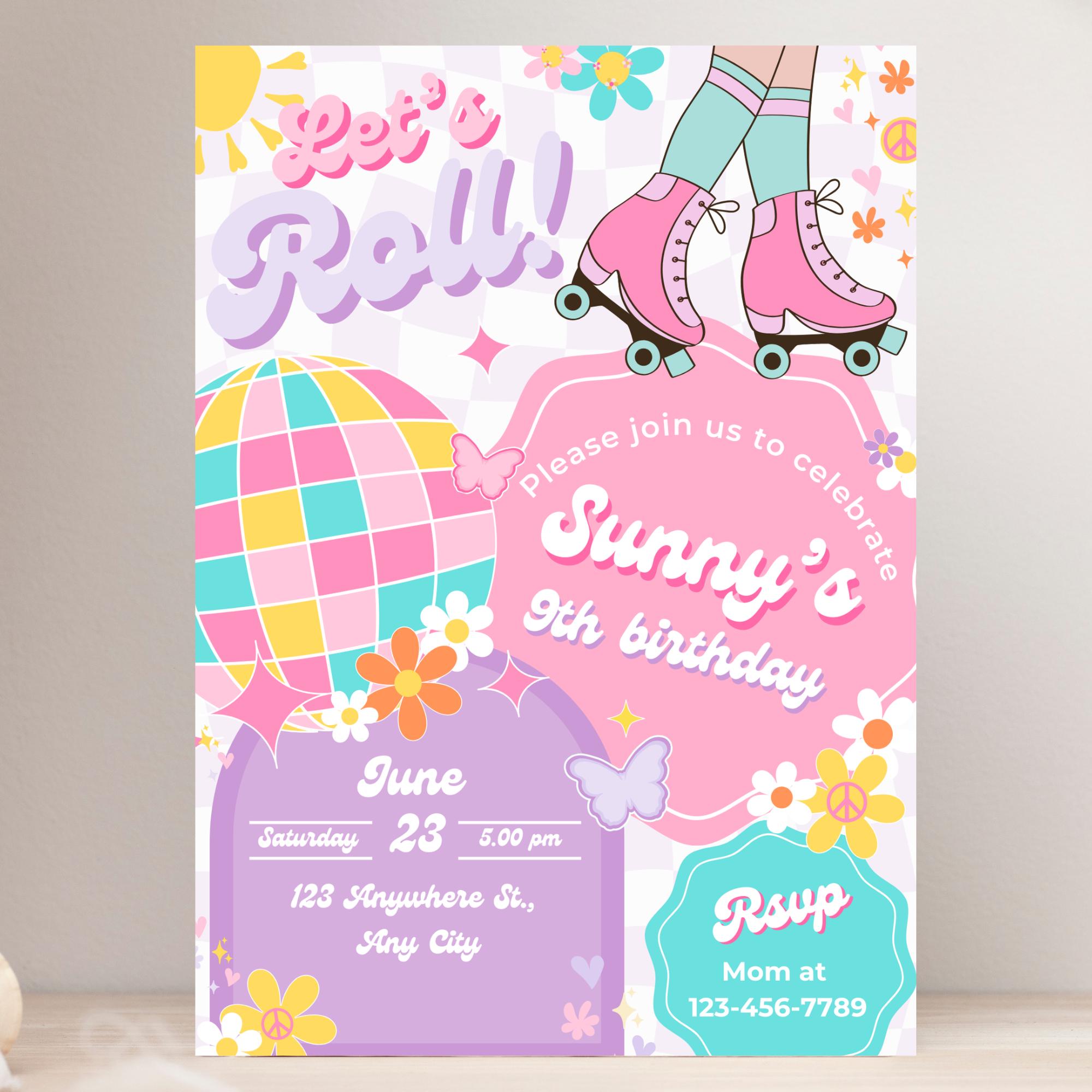 Let's Roll Groovy Birthday Invitation Retro Invite Roller Skate ...