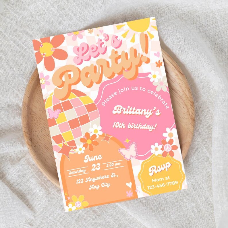 Groovy Birthday Party Invitation Let's Party Invite Boho Retro Groovy ...