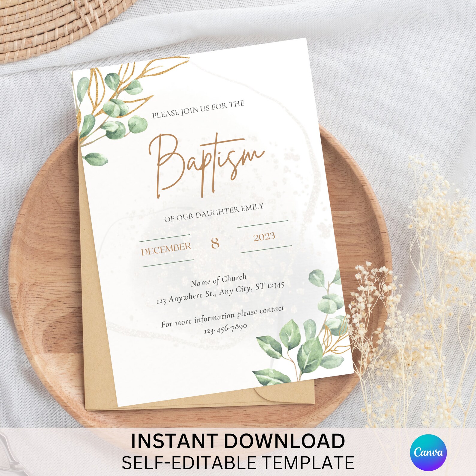 Baptism Invitation Christianity Invite Printable Template Boho Green ...