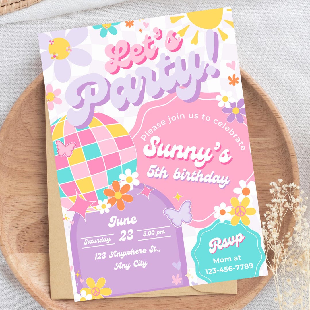 Let's Party Groovy Birthday Invitation Retro Birthday Party Peace Love ...