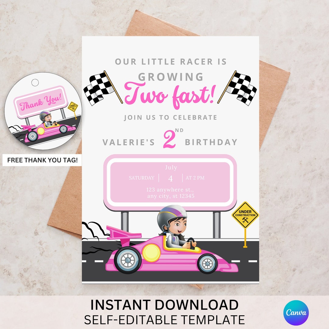 Editable Two Fast Girl Birthday Invitation Race Car 2nd Birthday Race ...