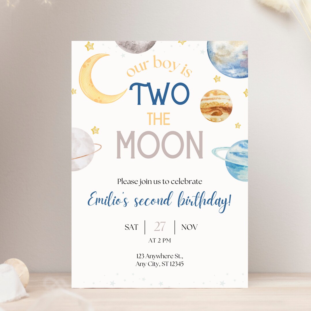 Two the Moon Birthday Invitation Boy Space Birthday Two the Moon Party ...