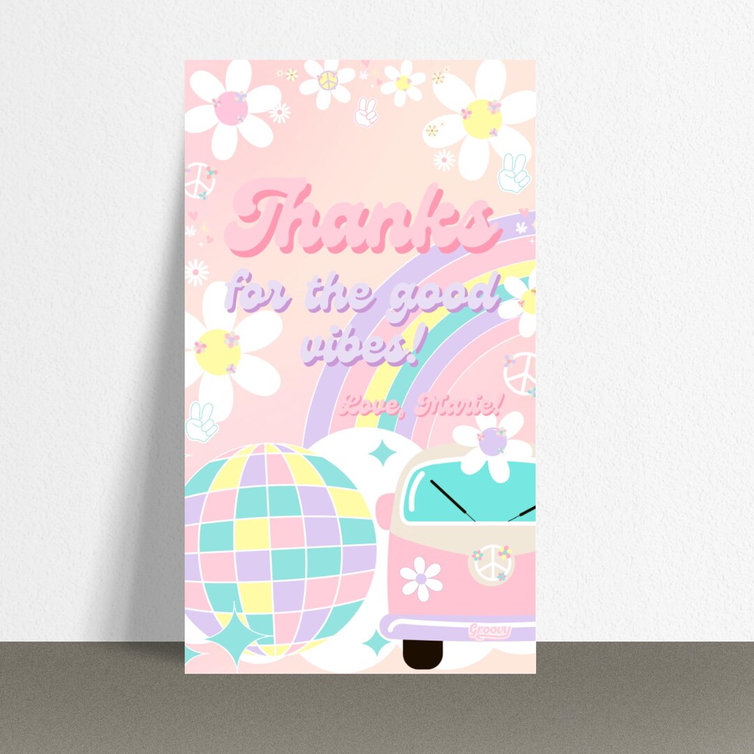 Groovy Birthday Party Thank You Card Boho Retro Groovy Hippie Birthday ...