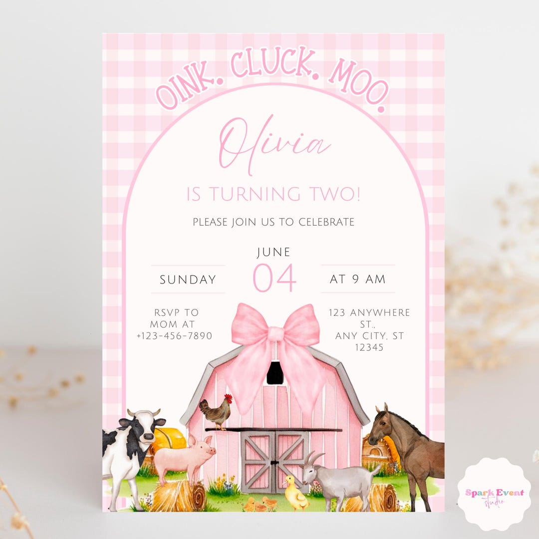 Editable Pink Farm Birthday Invitation Girl Farm Animals Party Pink ...