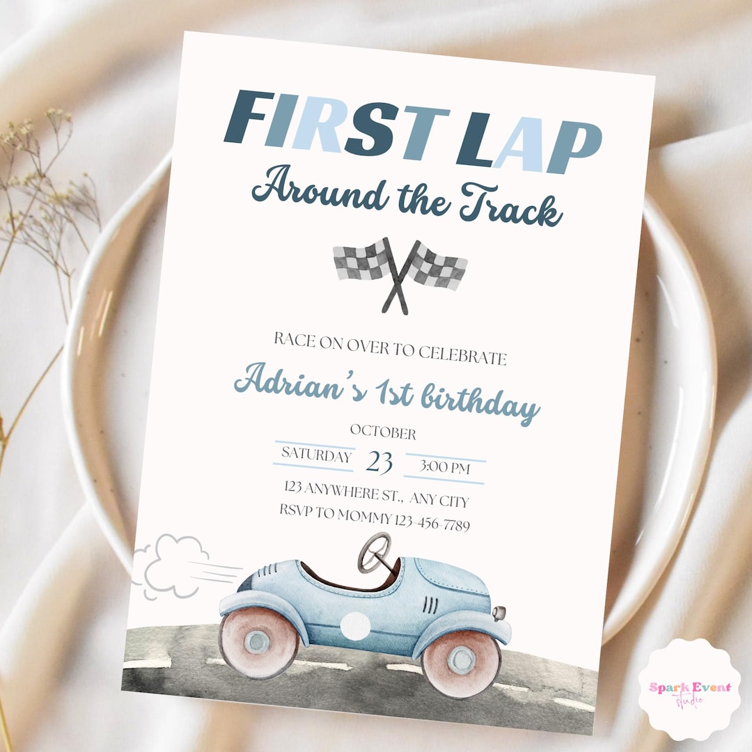 First Lap Around the Track Birthday Invitation Vintage Race Car Theme ...