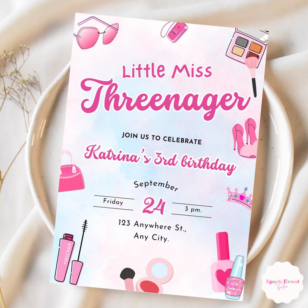 Threenager Birthday Invitation Fashion and Makeup Theme for Girls Spa ...