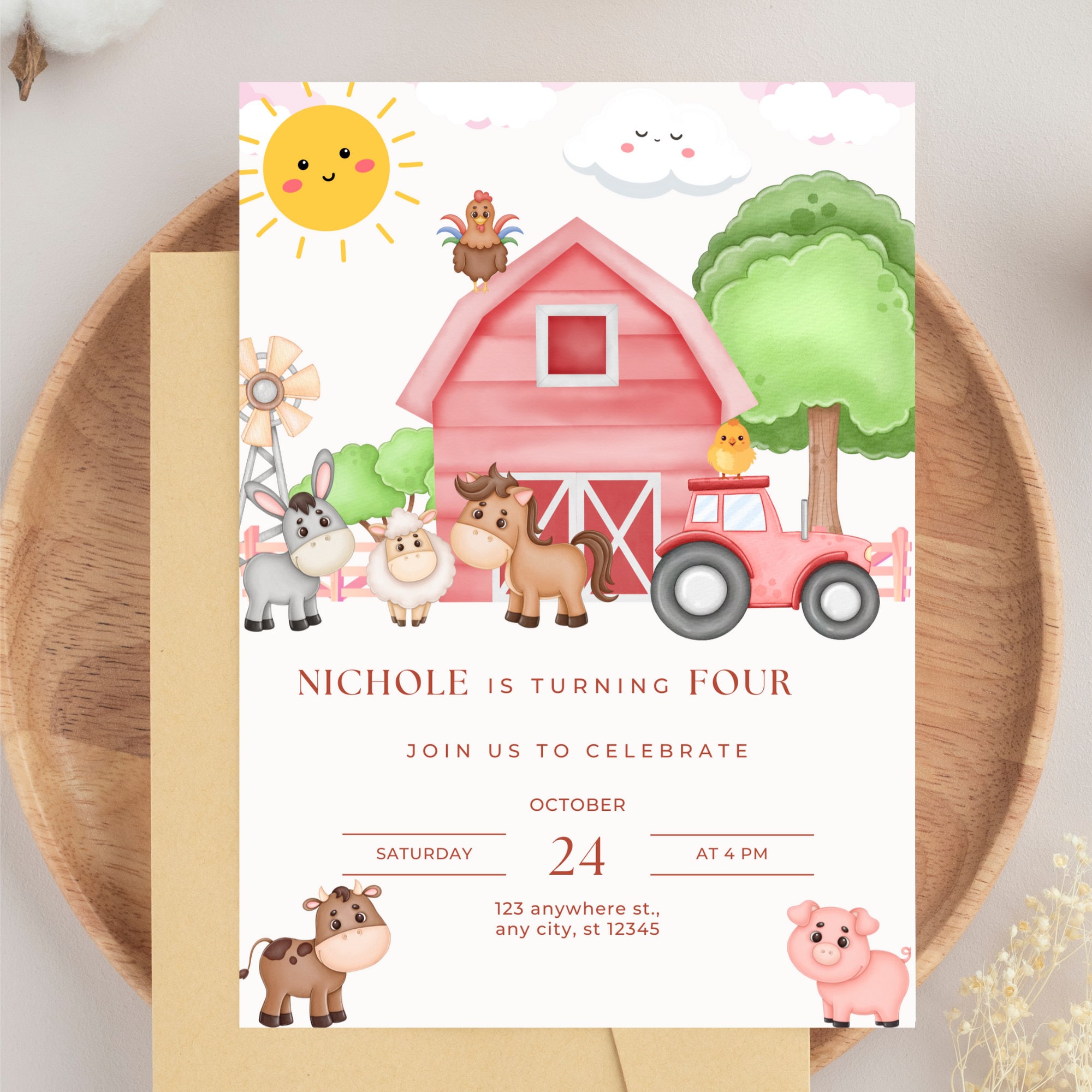 Farm Birthday Party Invitation Farm Animals Birthday Invite Pink Barn ...