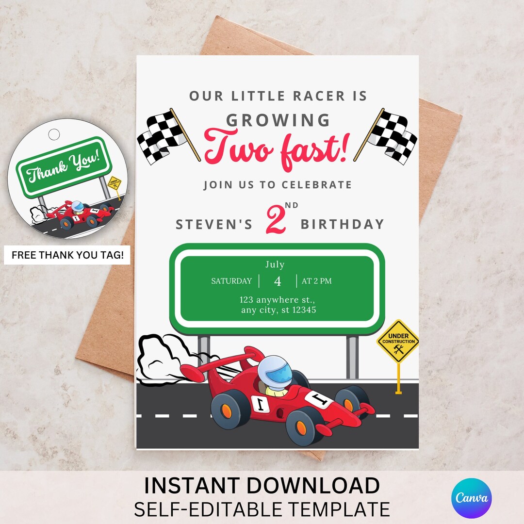 Editable Two Fast Birthday Invitation Race Car 2nd Birthday - Etsy
