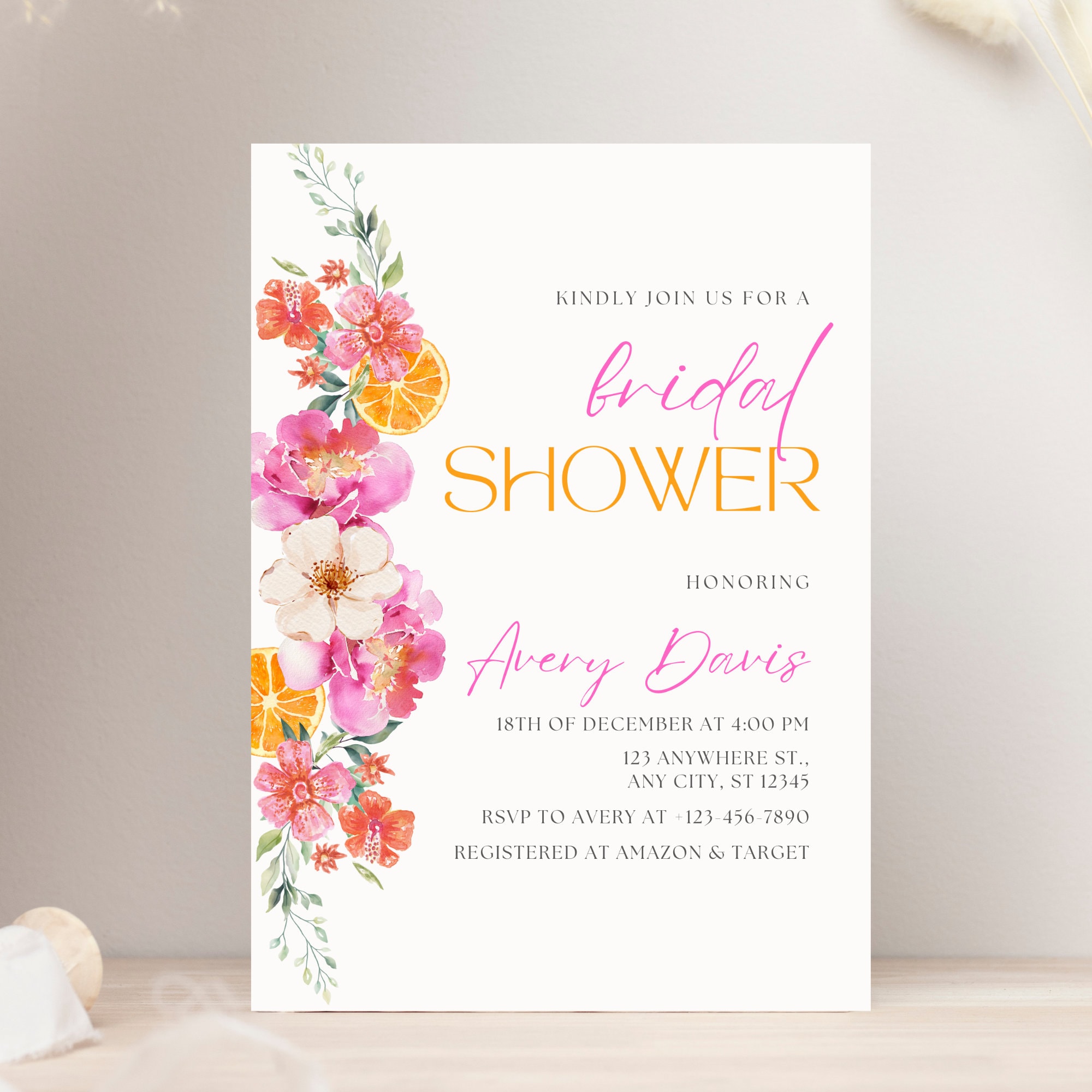 Citrus Bridal Shower Invitation Orange Bridal Brunch Bright Floral ...