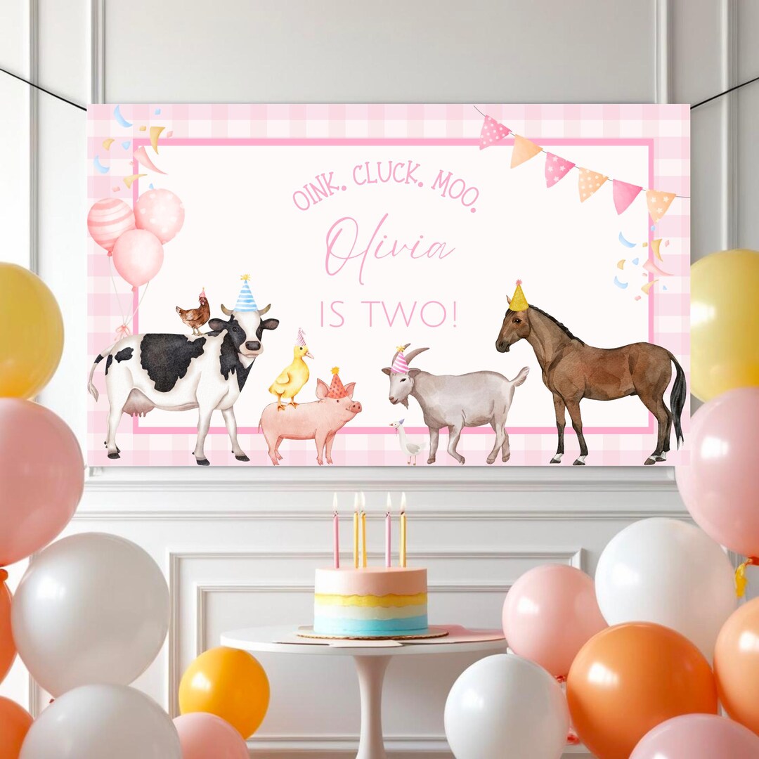 Pink Farm Birthday Backdrop Girl Farm Animals Party Decoration Pink ...