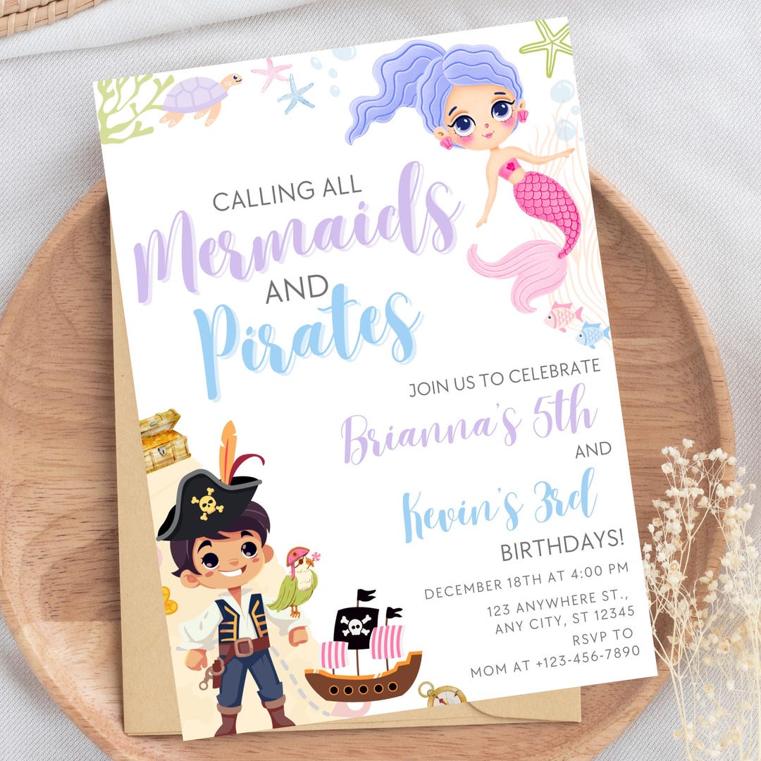 Mermaid and Pirate Birthday Invitation Mermaid Pirate Invite Sibling ...