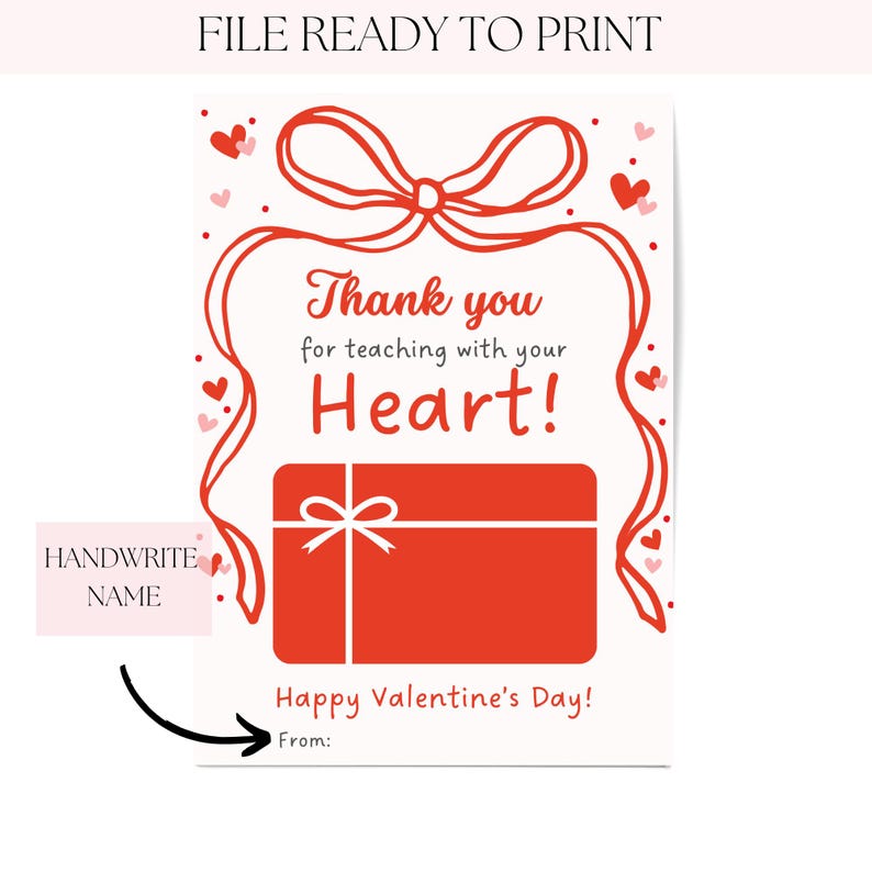Teacher Valentine Gift Card Holder Printable, Valentine’s Day Teacher ...