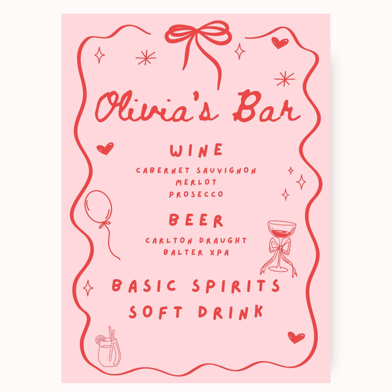 Bow Bar Menu Hand Drawn Signature Drink Bar Menu Template Doodle Design ...