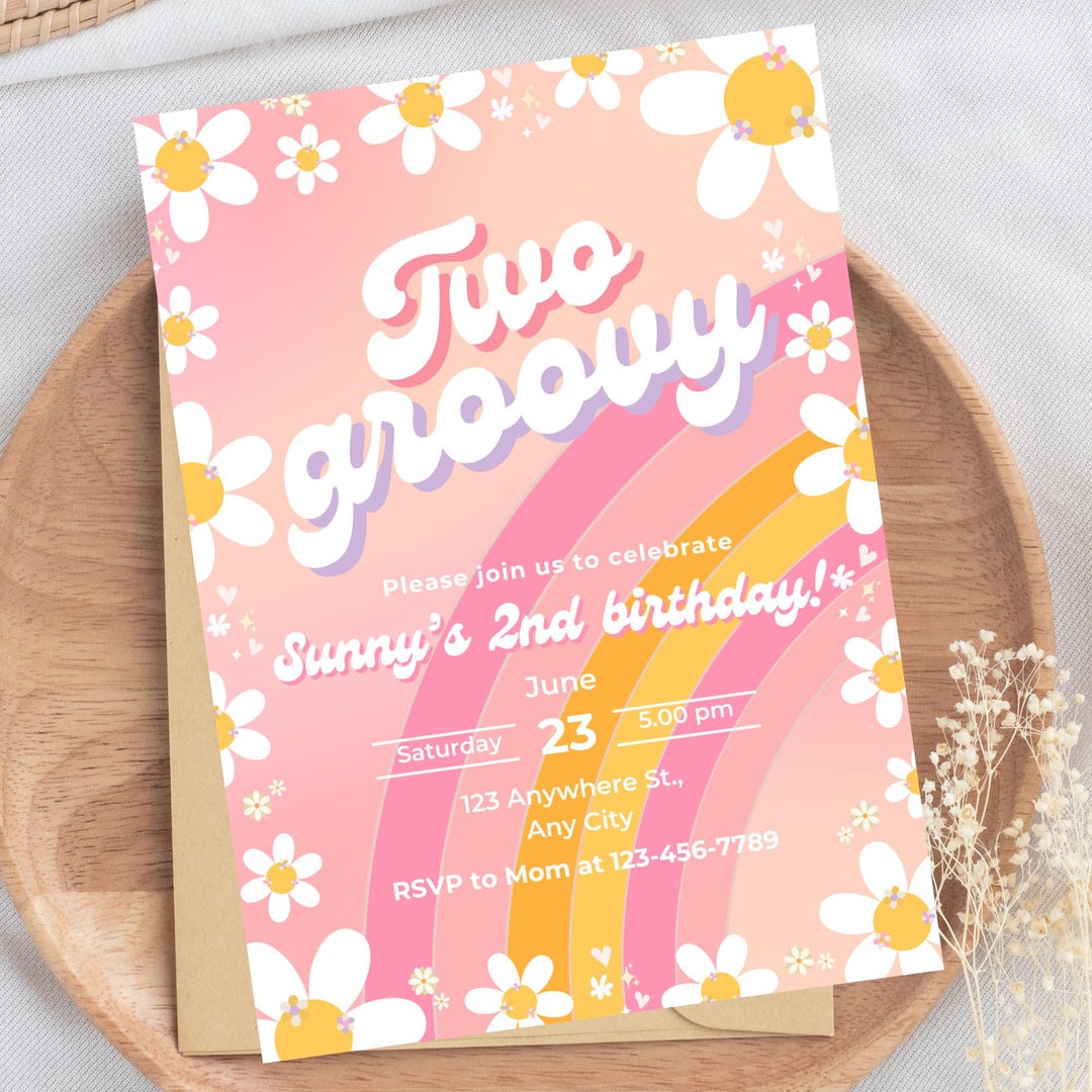 Two Groovy Birthday Party Invitation Boho Retro Groovy Hippie Birthday ...