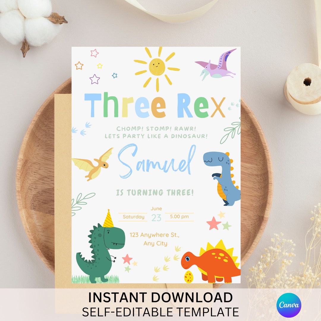 Dinosaur Birthday Invitation Dinosaur Three Rex Boy Third Birthday ...