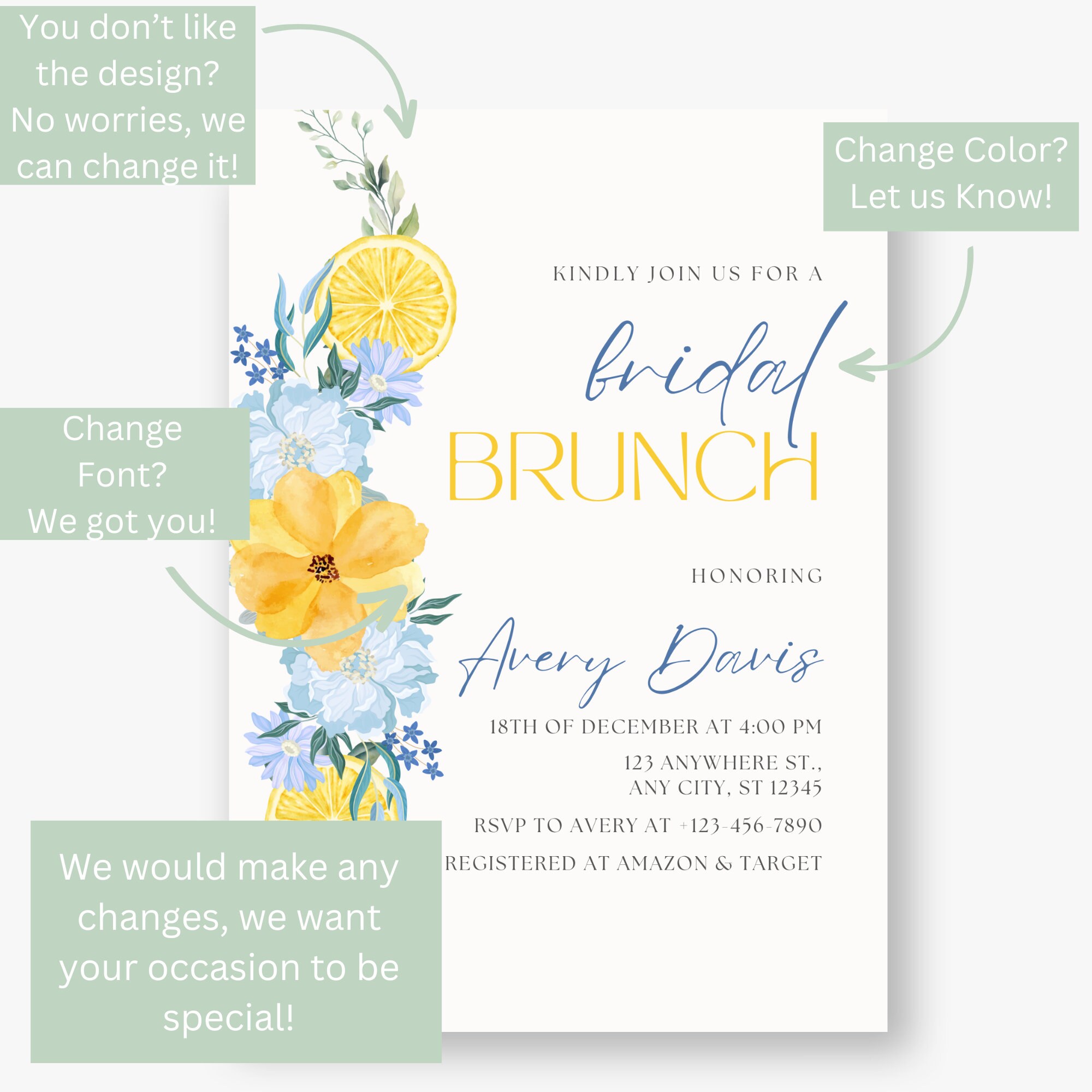 Citrus Bridal Shower Invitation Blue Lemon Bridal Brunch Bright Floral ...