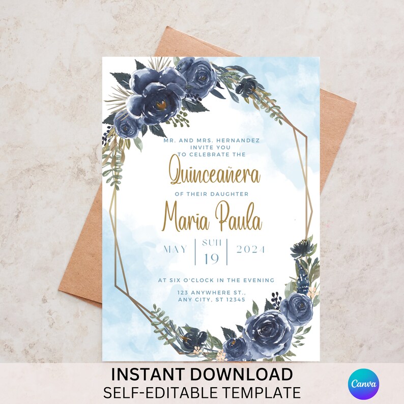 Quinceanera Birthday Invitation Quinces Invite Printable Template Blue ...