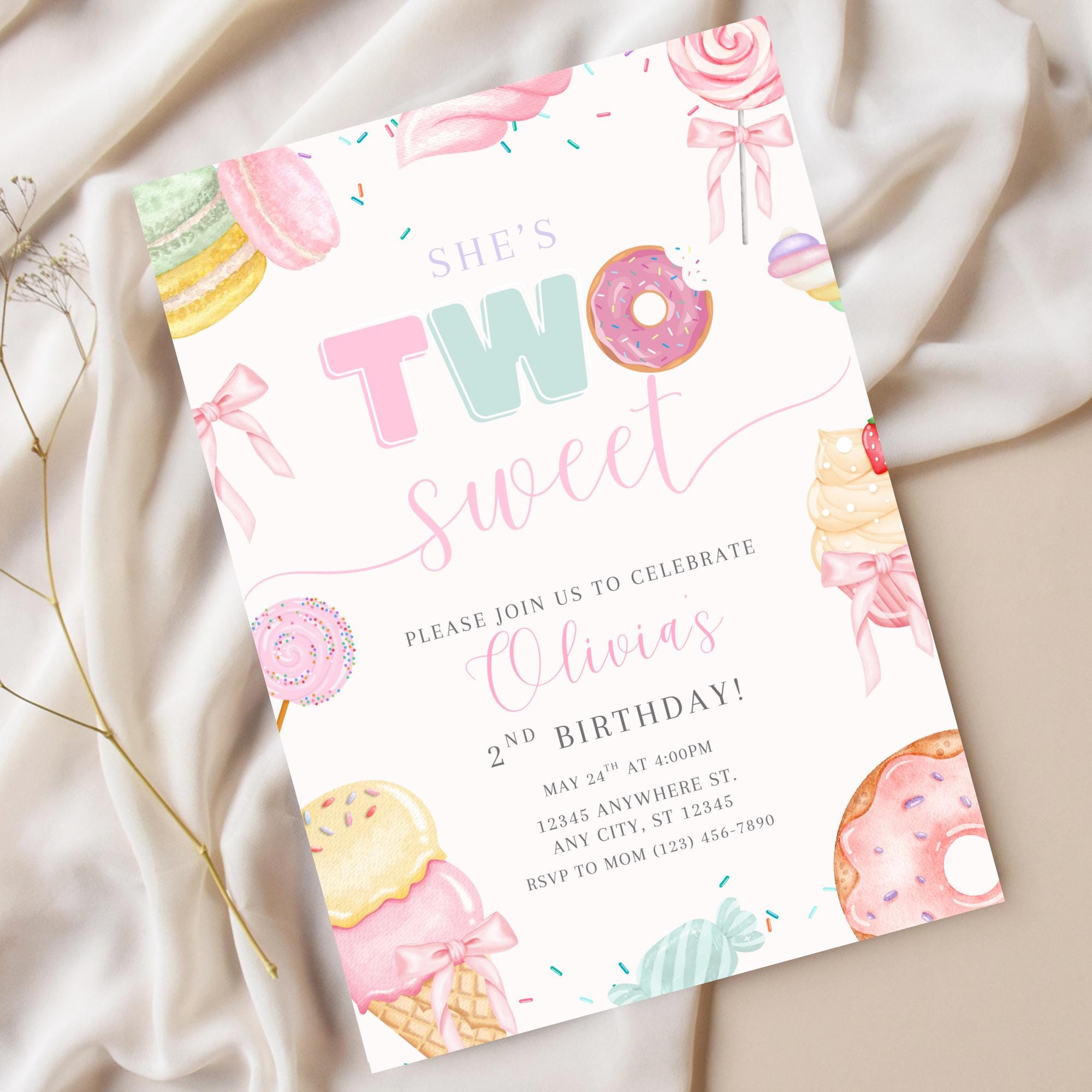 Two Sweet Birthday Invitation Girl Second Birthday Dessert Theme Invite ...