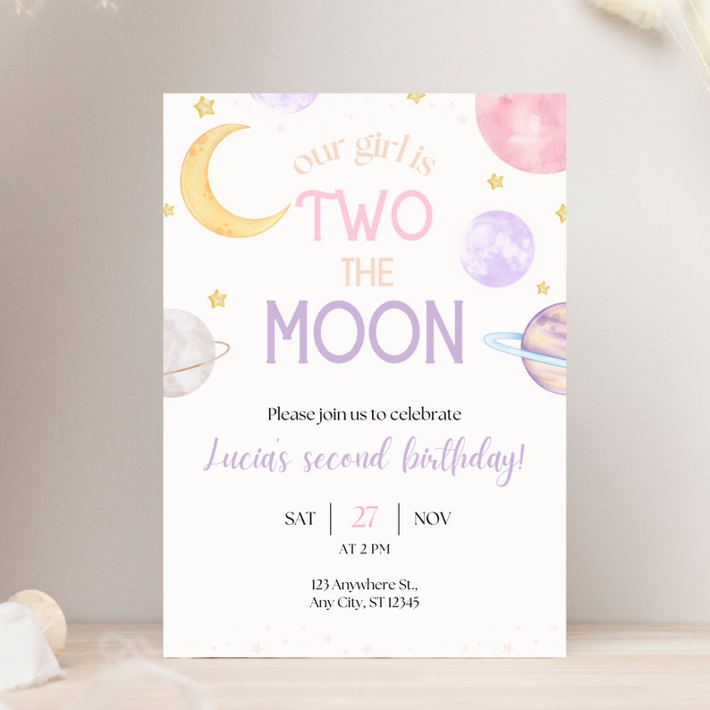 Two the Moon Birthday Invitation Girl Space Birthday Two the Moon Party ...