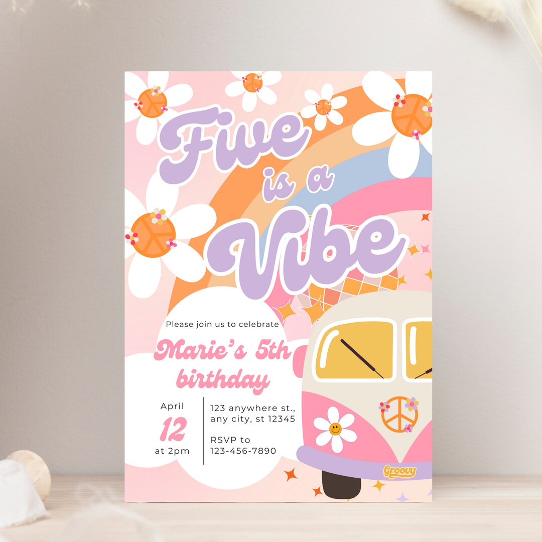 Editable Groovy Birthday Party Invitation Five is a Vibe Boho Retro ...